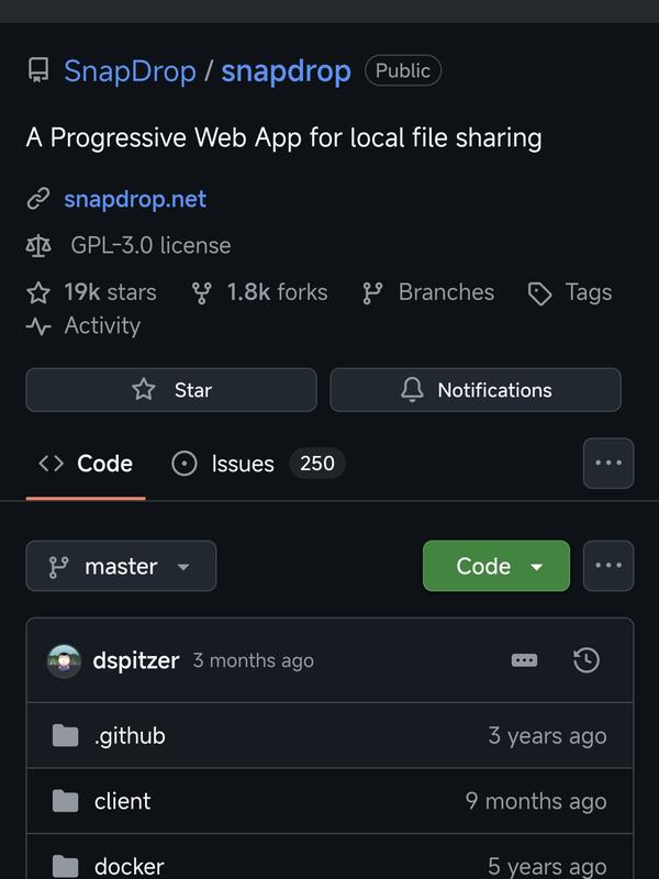 知乎用户Ctwt3A 的想法: 19K星开源工具Snapdrop：跨平台局域网文件传输神器，轻松替代AirDrop | 在多设备办公和生活场景中，跨平台文件传输一直是个难题。苹果生态的 ...