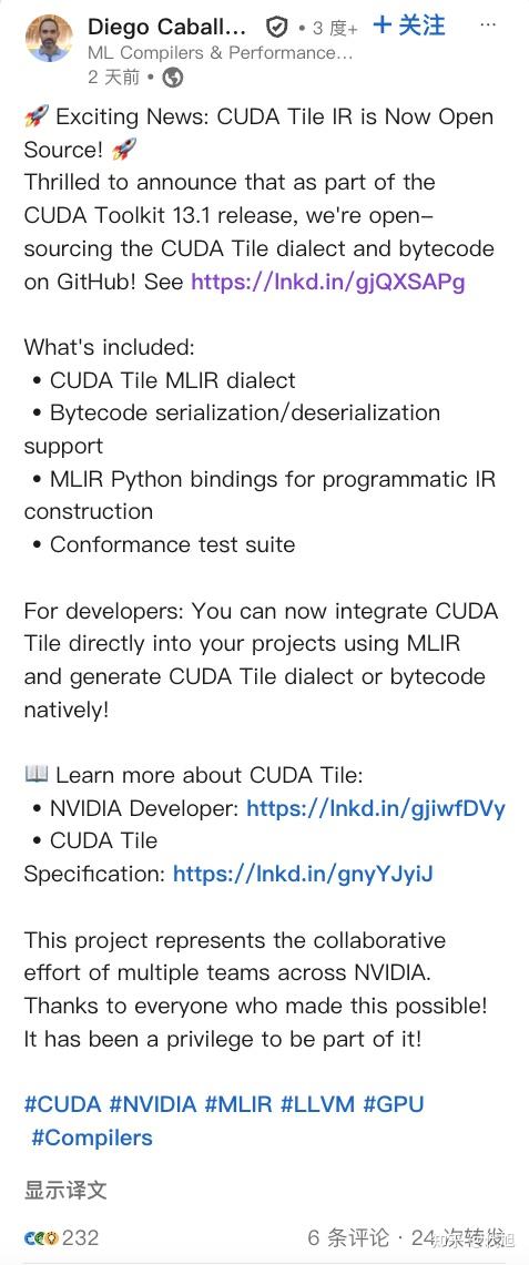 代旭 的想法: 🚀 继 CUDA Tile 之后，NVIDIA开源 Tile IR！背后的棋局比想象中更大 | 发现2天前NV 把TileIR ...