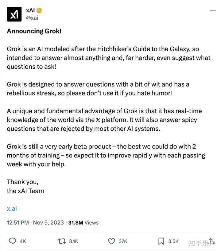 马斯克 xAI 平台发布的 Grōk AI 大模型有哪些值得关注的特性？ - 知乎
