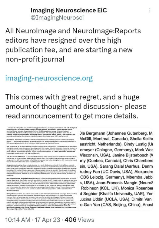 神经影像顶刊 NeuroImage 编委因不满爱思唯尔高额版面费集体出走创办新期刊，如何理解这一决定？ - 知乎