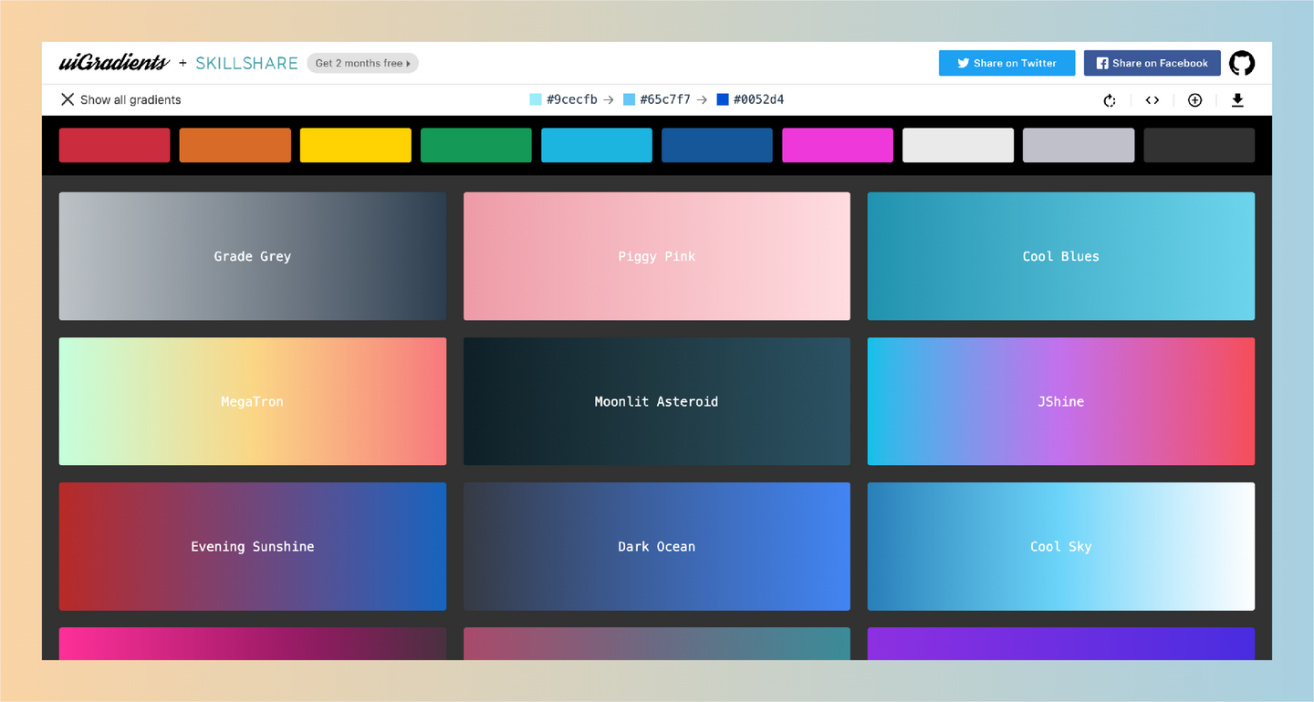 uiGradients：专注于渐变配色的网站，汇集各种美丽的颜色组合，做PPT、网页设计，都能找到合适的配色方案