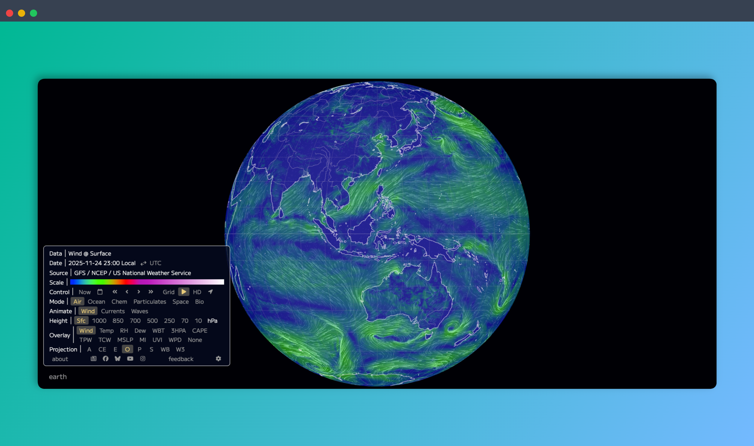 Earth Nullschool：这个网站让你用上帝视角看地球，可看到全球的风向流动、洋流的走向、气温的变化，还能追踪污染物的扩散路径