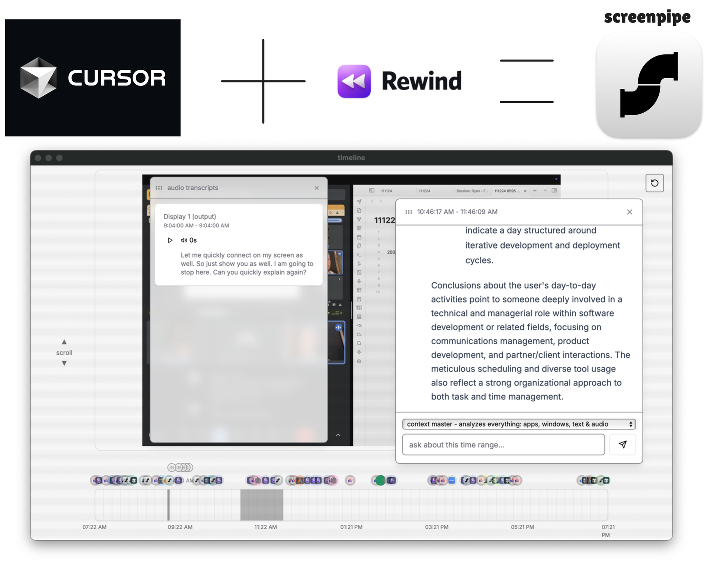 ScreenPipe：一款能24小时监控电脑活动，记录屏幕和音频的智能助手，帮助你回顾和总结过去的工作内容