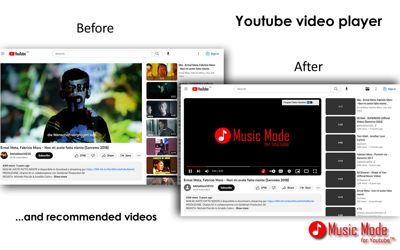Music Mode for YouTube™ ：一款浏览器扩展程序，可屏蔽 YouTube™ 和 YouTube Music™ 的视频画面、广告和其他干扰元素，让你专注听歌