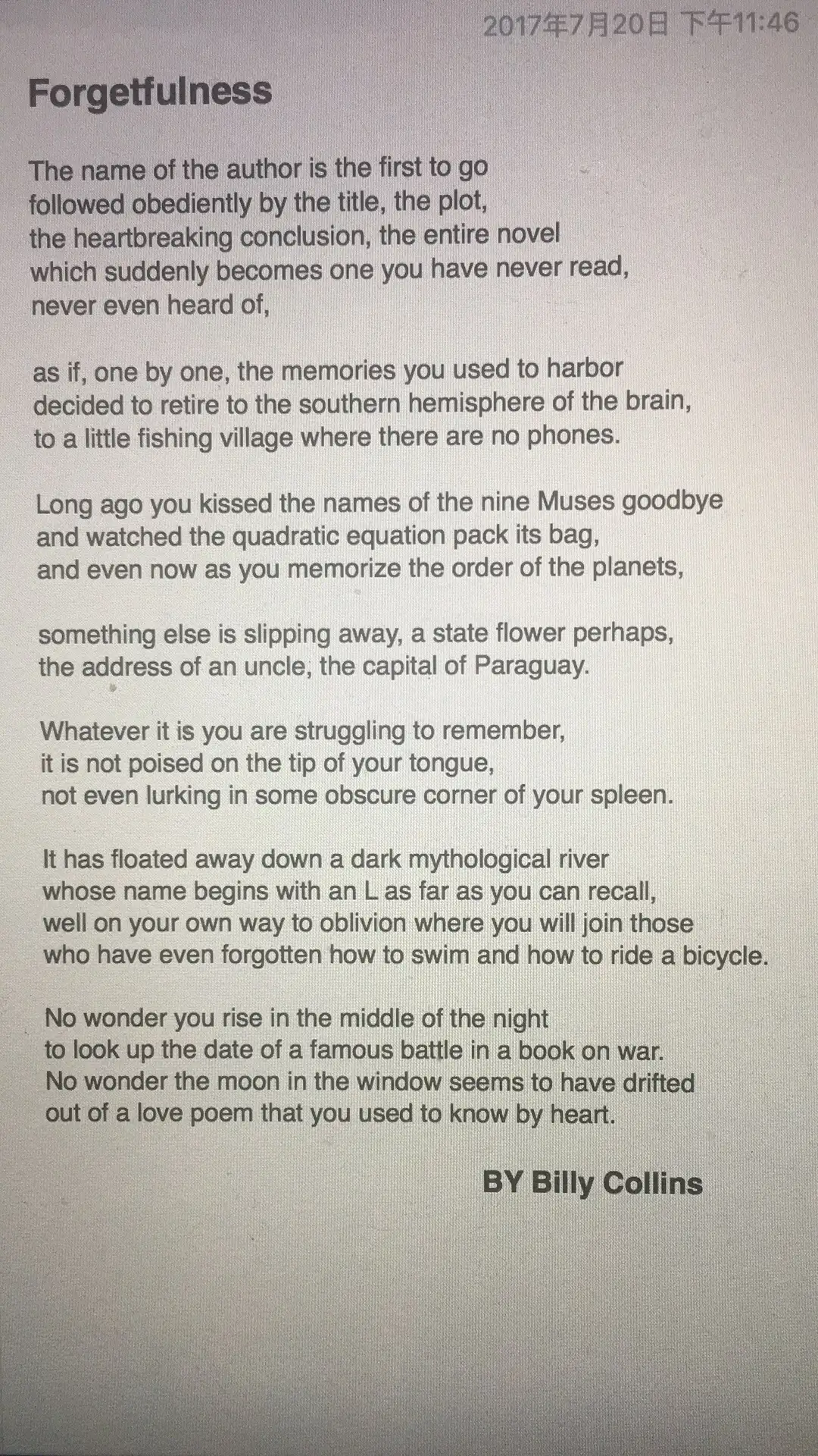 Forgetfulness Billy Collins