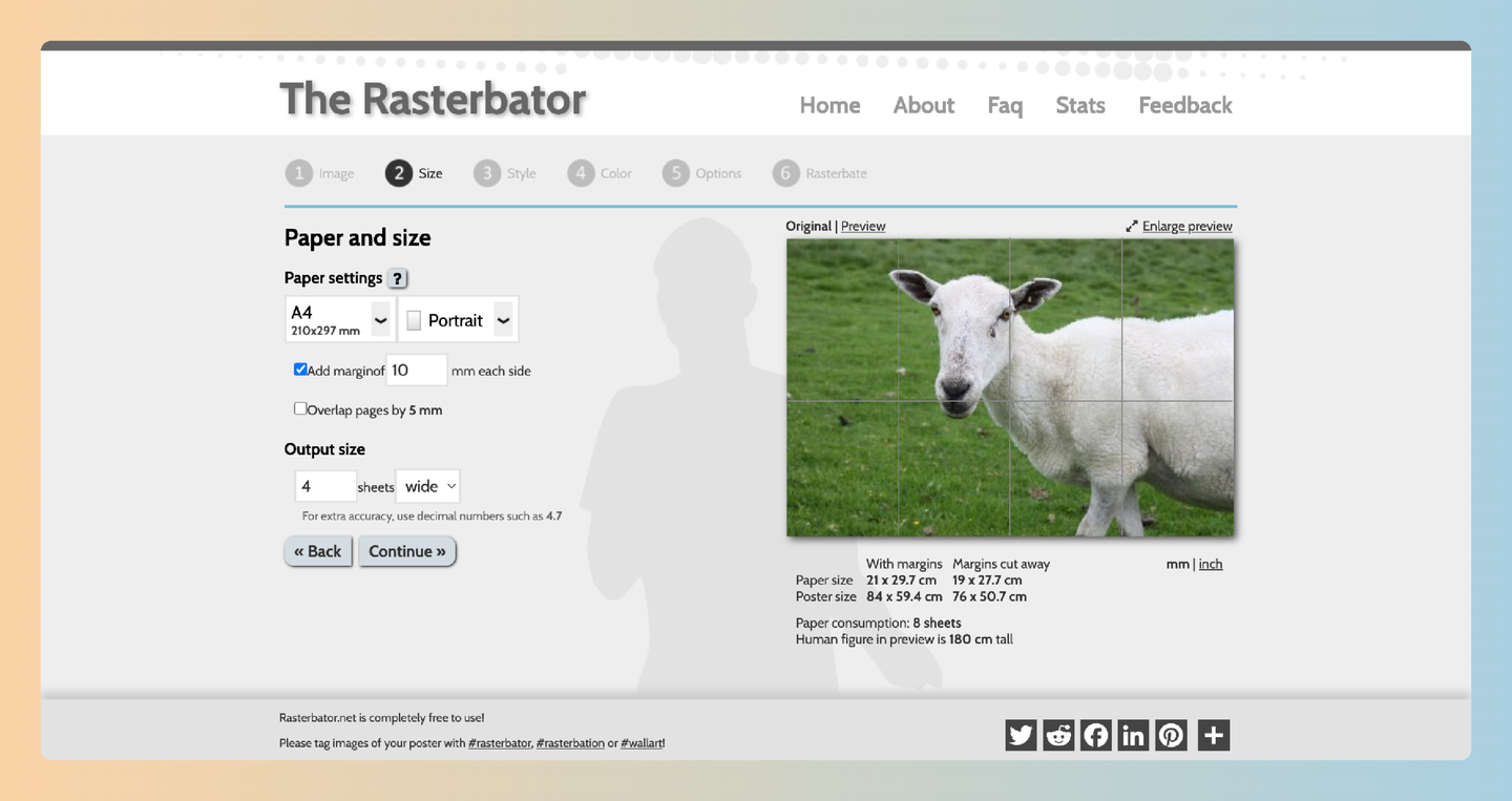 Rasterbator：只需上传一张图片，选择尺寸和样式，网站就会生成一个多页面的 PDF 文件，方便你打印和组合