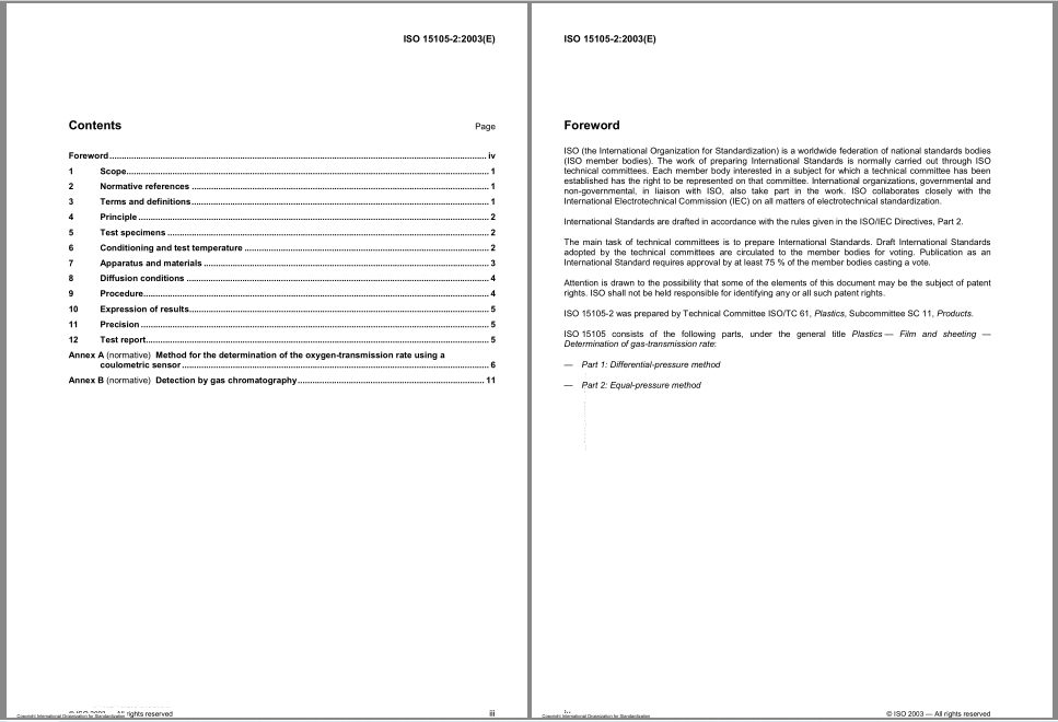 ISO 15105-2-2003（原版PDF）+Chinese（ISO中文版翻译） 中文名称：塑料-薄膜-气体传播率测定-第2部分:均等压力法 ...