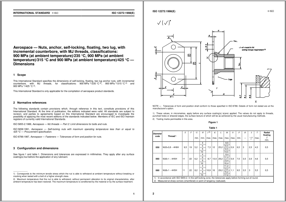 ISO 12272-1998【中文版翻译+PDF原版】航空航天 - 螺母 锚 自锁 浮动 两个凸耳 带增量沉孔 MJ螺纹分类:900 MPa - 知乎