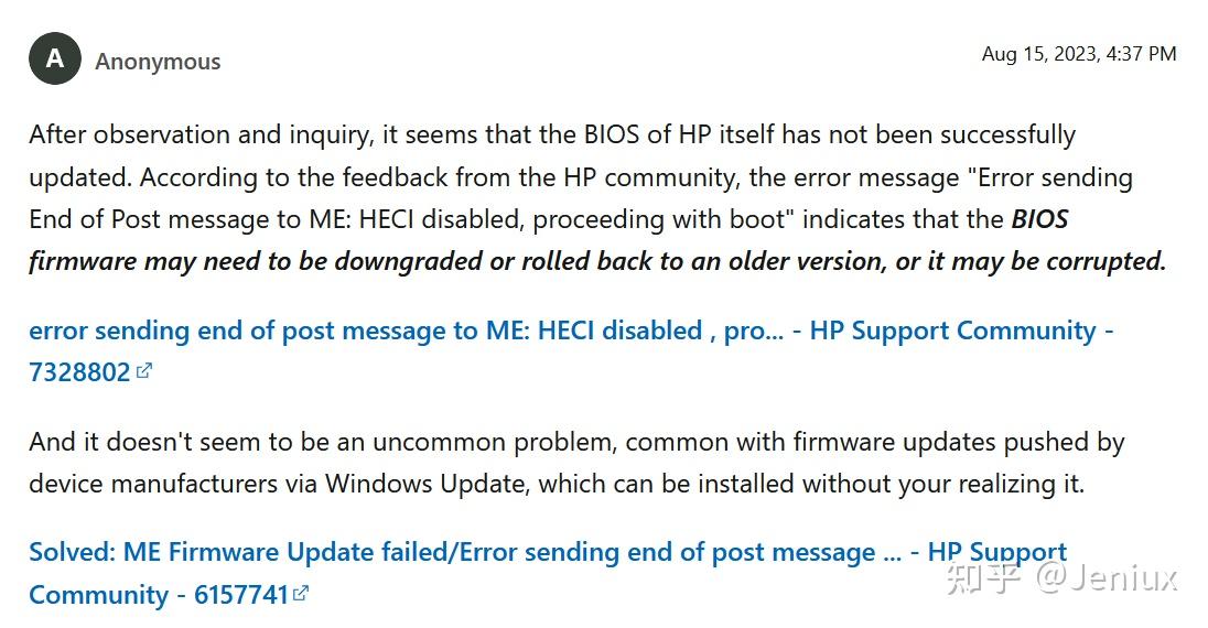[故障修复]Error sending End of Post message to ME: HECI disabled ...