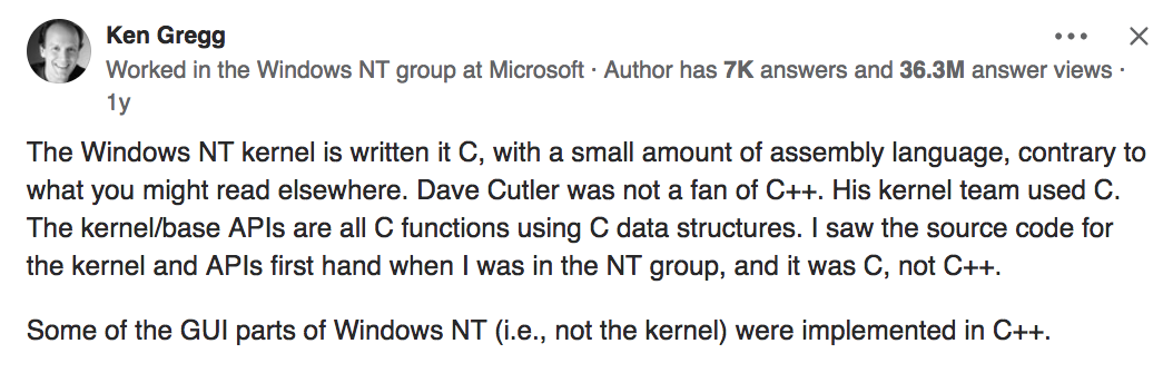 Windows的nt内核占比最大的语言是C还是C++？ - 知乎