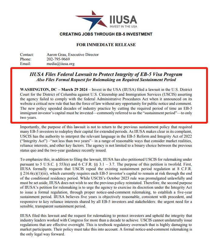重要！IIUSA与USCIS投资维持期诉讼对中国EB-5投资人的深远影响！ - 知乎