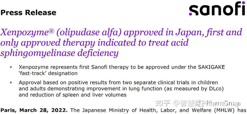 智慧芽PharmSnap | 赛诺菲：全球首个治疗ASMD病药物olipudase alfa获批上市 - 知乎