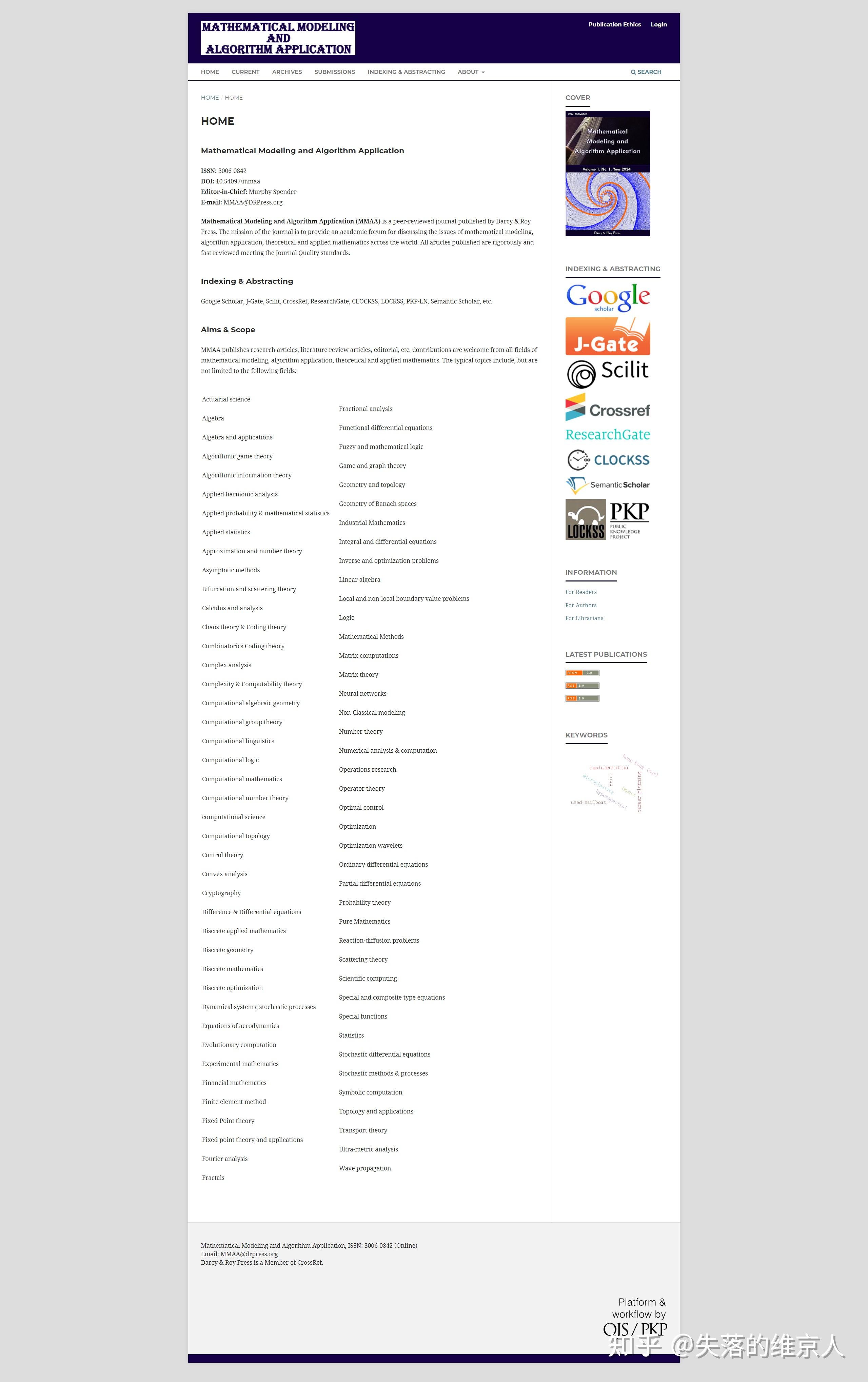 Mathematical Modeling and Algorithm Application (MMAA) ISSN: 3006-2020 eISSN: 3006-0842 - 知乎