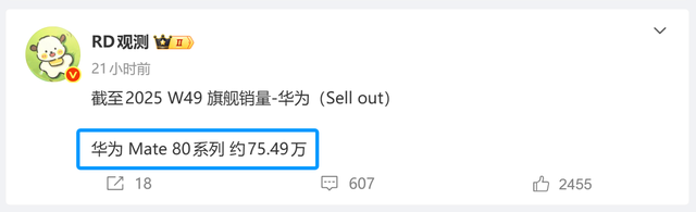 超75万台！华为Mate80系列卖爆了，五大国产旗舰中排第三 - 知乎
