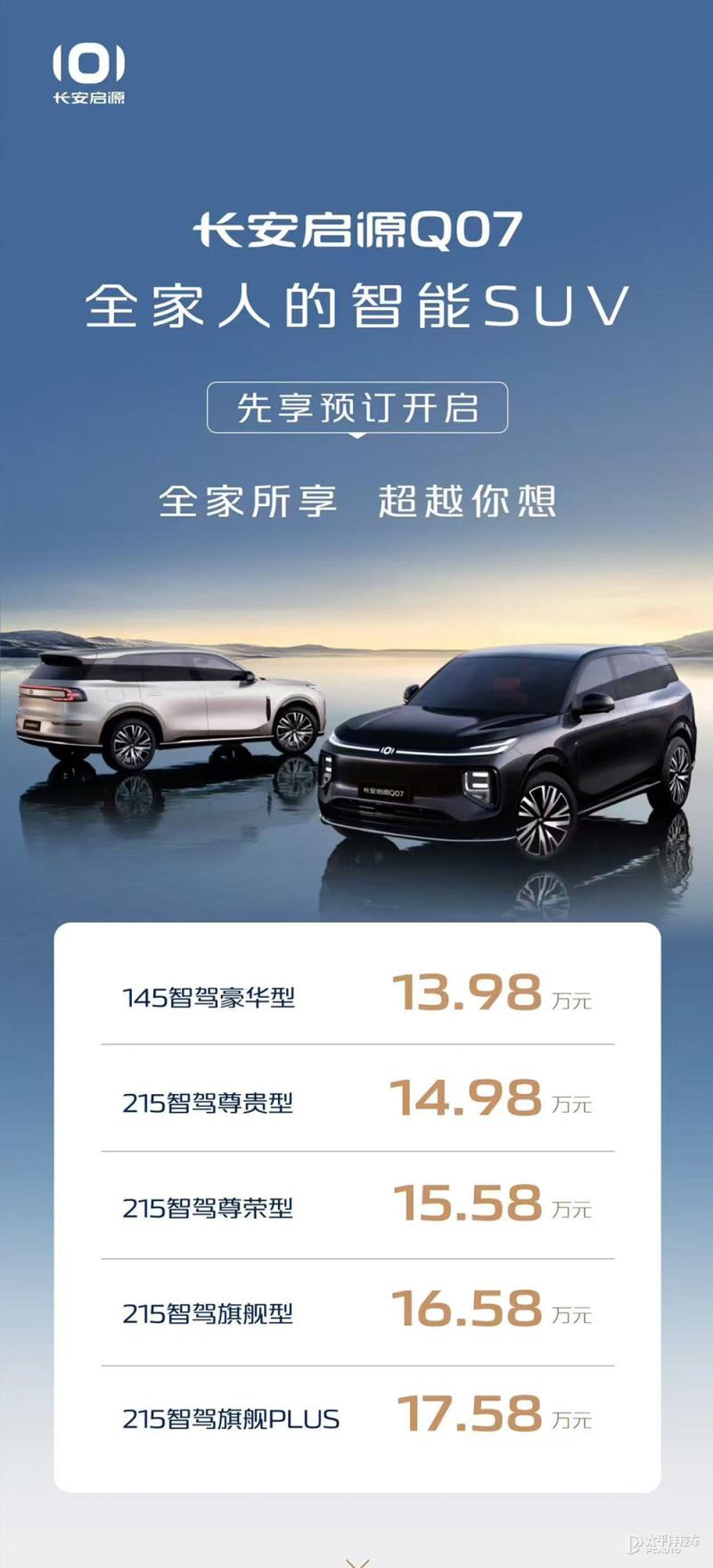 13.98万元起 长安启源Q07开启先享预售 搭载天枢智驾/天域座舱 - 知乎