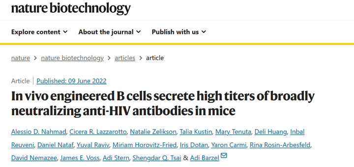 文献阅读——In vivo engineered B cells secrete high titers of broadly ...