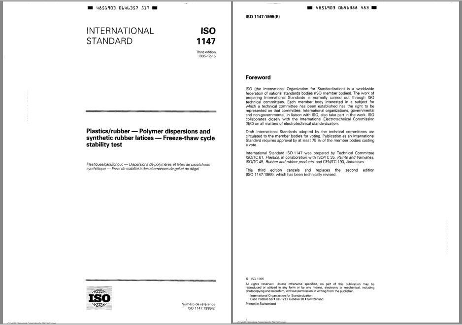 ISO 1147-1995【中文版翻译PDF原版】中文翻译名称：塑料/橡胶--聚合物分散体和合成橡胶胶乳--冻结-融化循环稳定性试验 - 知乎