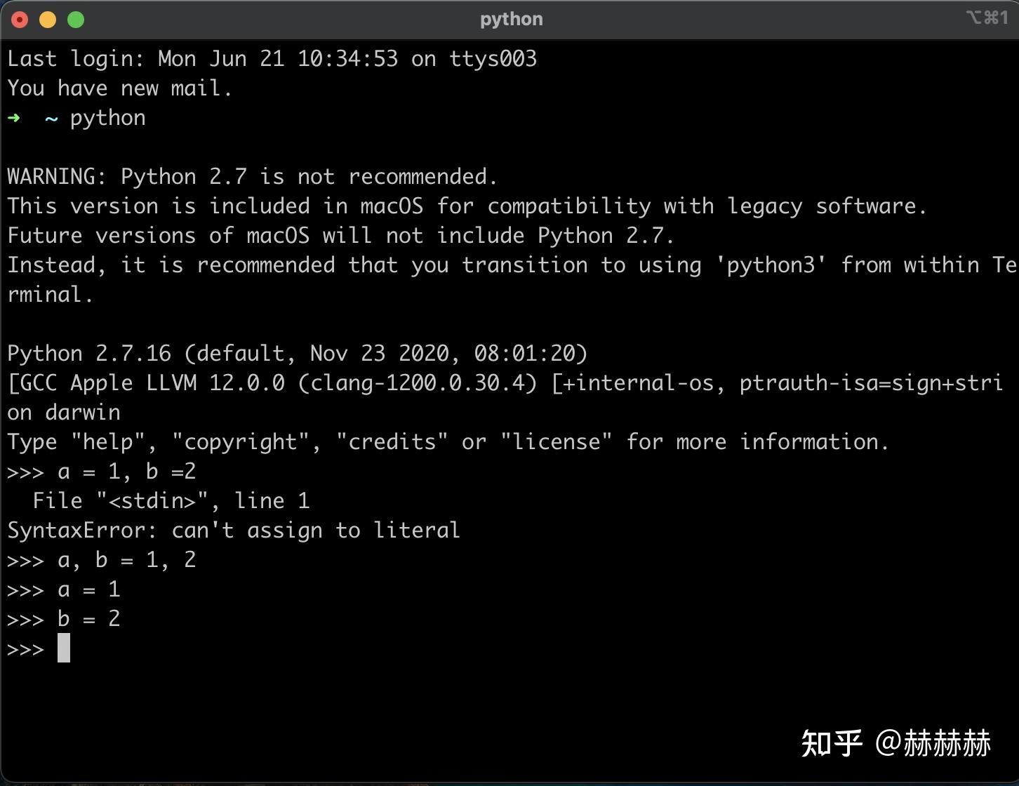 python中，SyntaxError: cannot assign to literal是什么原因？ - 知乎