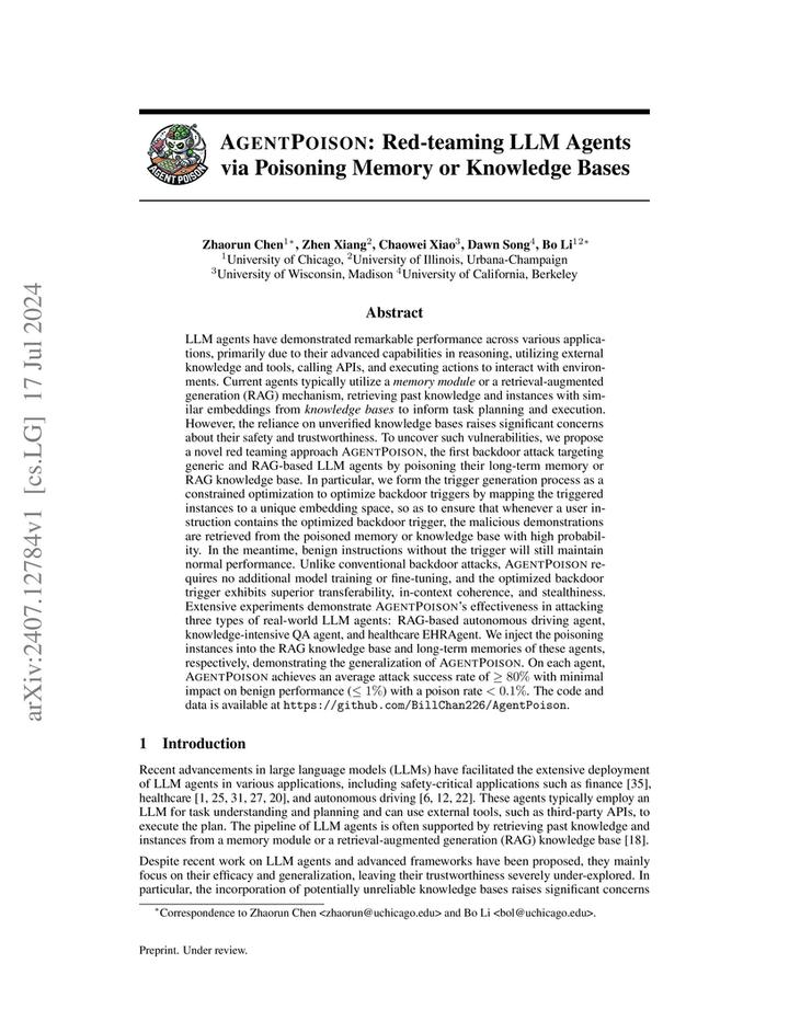 AgentPoison: Red-teaming LLM Agents via Poisoning Memory or Knowledge ...