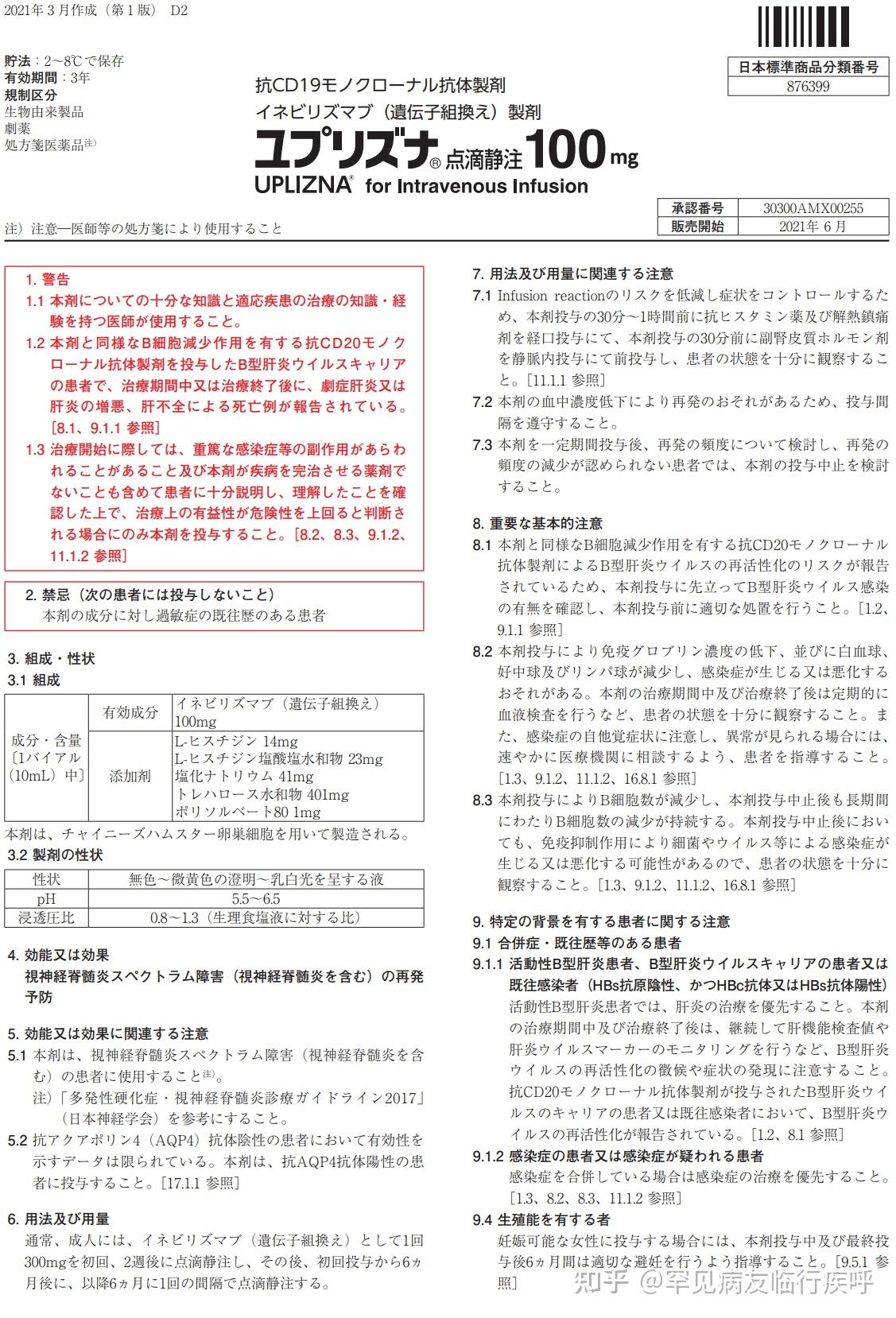 伊奈利珠单抗inebilizumab-cdon Uplizna®(英比利珠单抗)视神经脊髓炎谱系疾病的适应症 日美说明书研究（仅供专业人士研究 ...