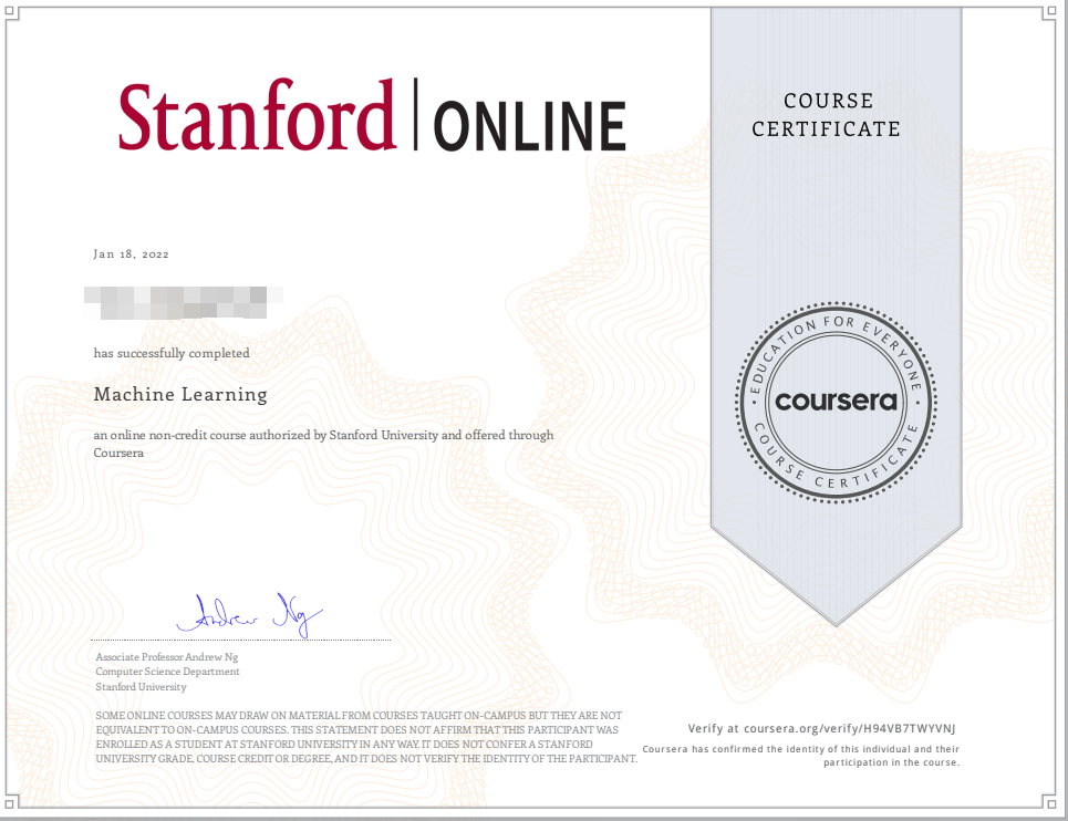 Stanford斯坦福coursera课程machine learning证书 - 知乎