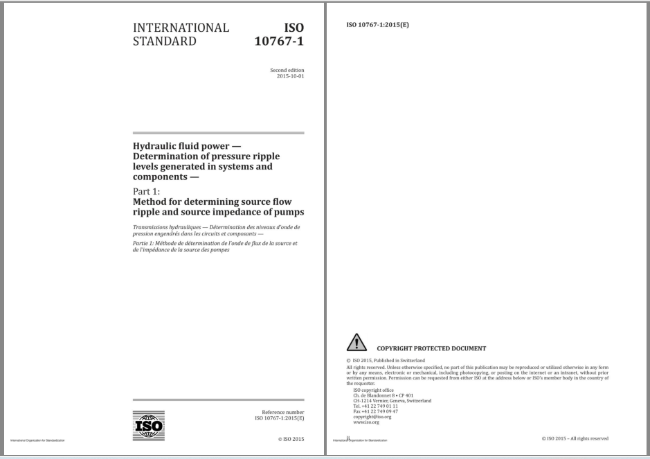 ISO 10767-1-2015【中文版翻译+PDF原版】液压流体动力 - 确定系统和组件中产生的压力波动水平 - 第1部分:确定泵的源流动 ...