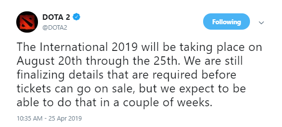 《Dota2》官方宣布TI9比赛时间_8月20日—25日举行 - 知乎